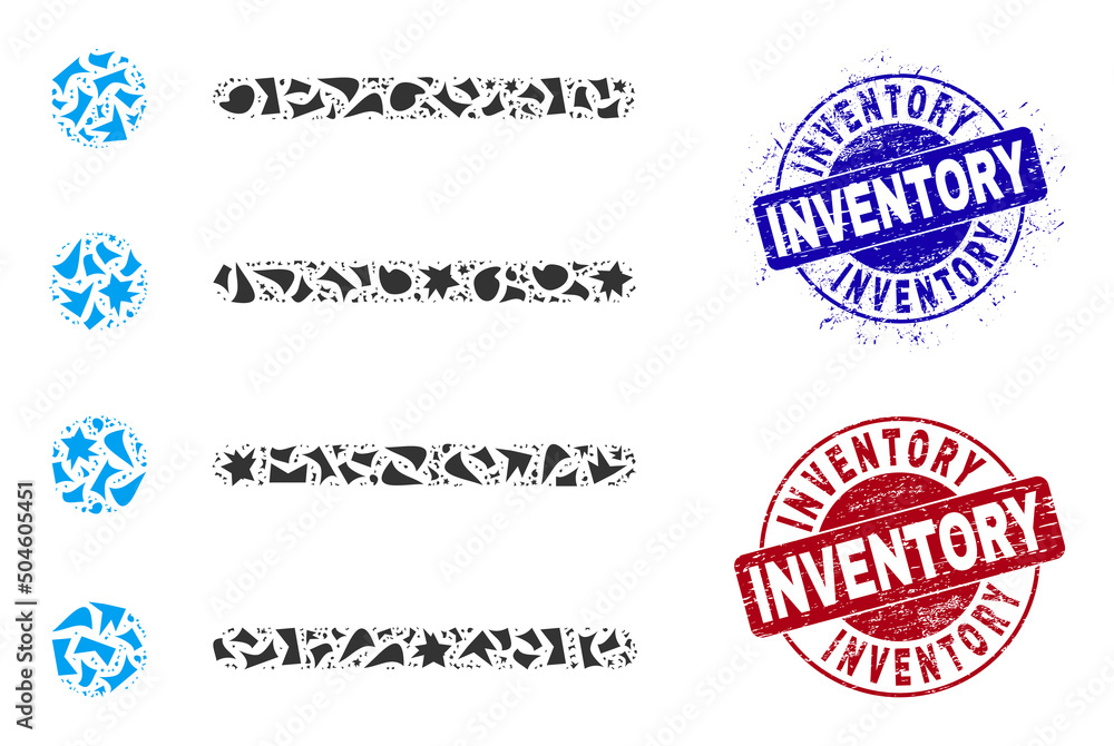 Round INVENTORY rough rubber prints with caption inside round forms ...