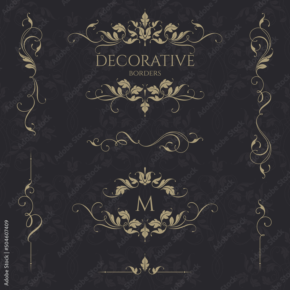 Collection of leafy borders with calligraphic elements. Classic ...