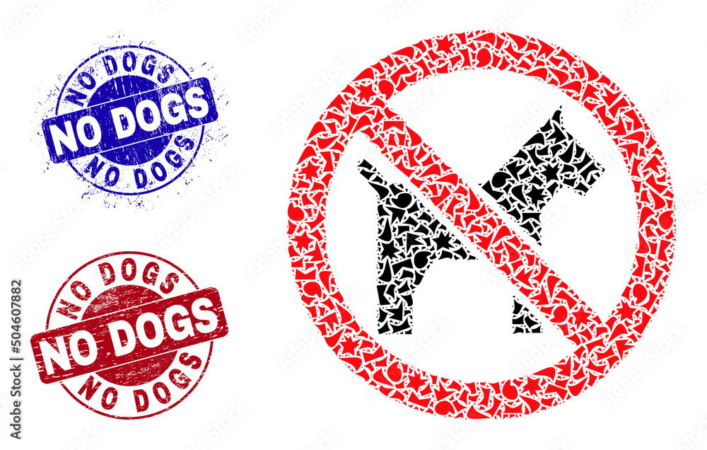 Round NO DOGS dirty seals with caption inside circle forms, and debris ...