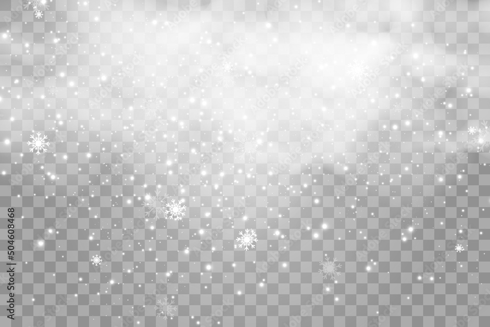 Vector illustration of flying snow on a transparent background.Natural ...