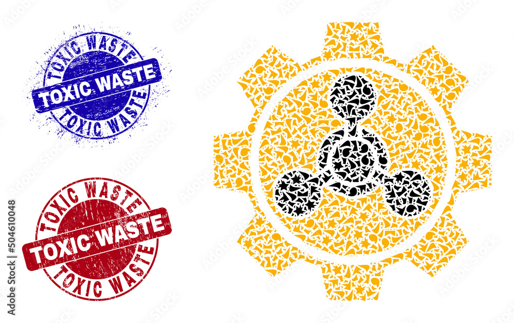 Round TOXIC WASTE rubber badges with tag inside round forms, and shard ...