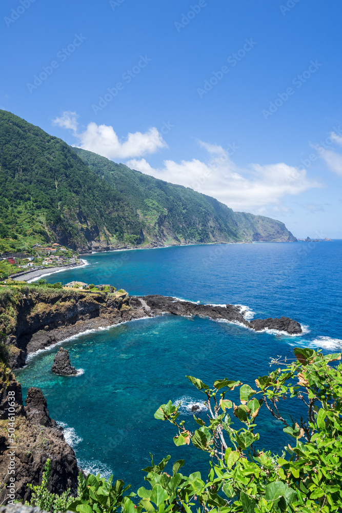 Praia da laje (praia da Jamaica ) beach with black sand, Seixal coast ...