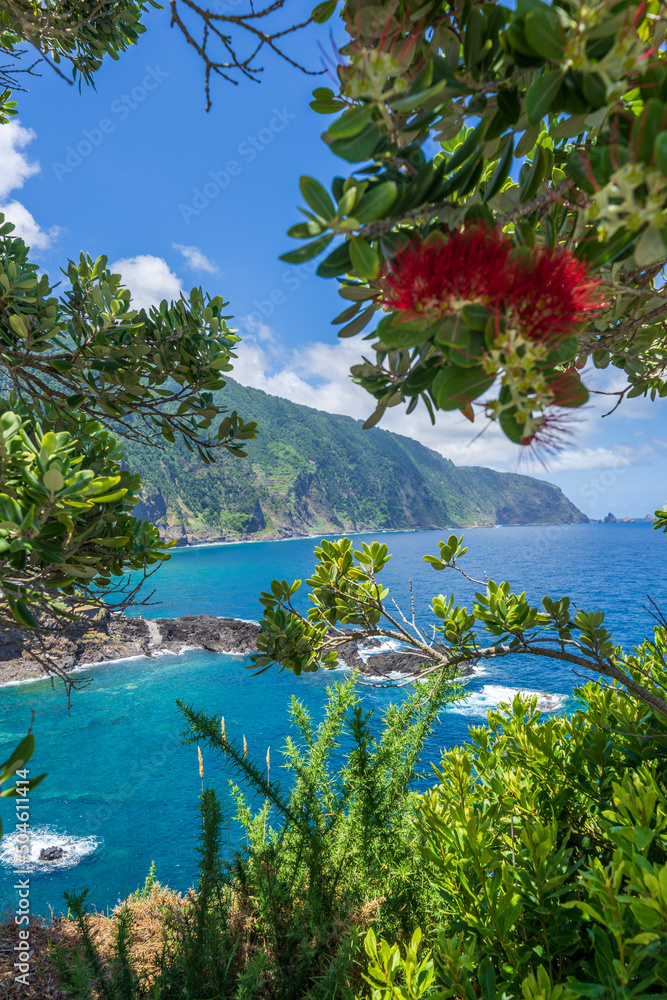 Praia da laje (praia da Jamaica ) beach with black sand, Seixal coast ...