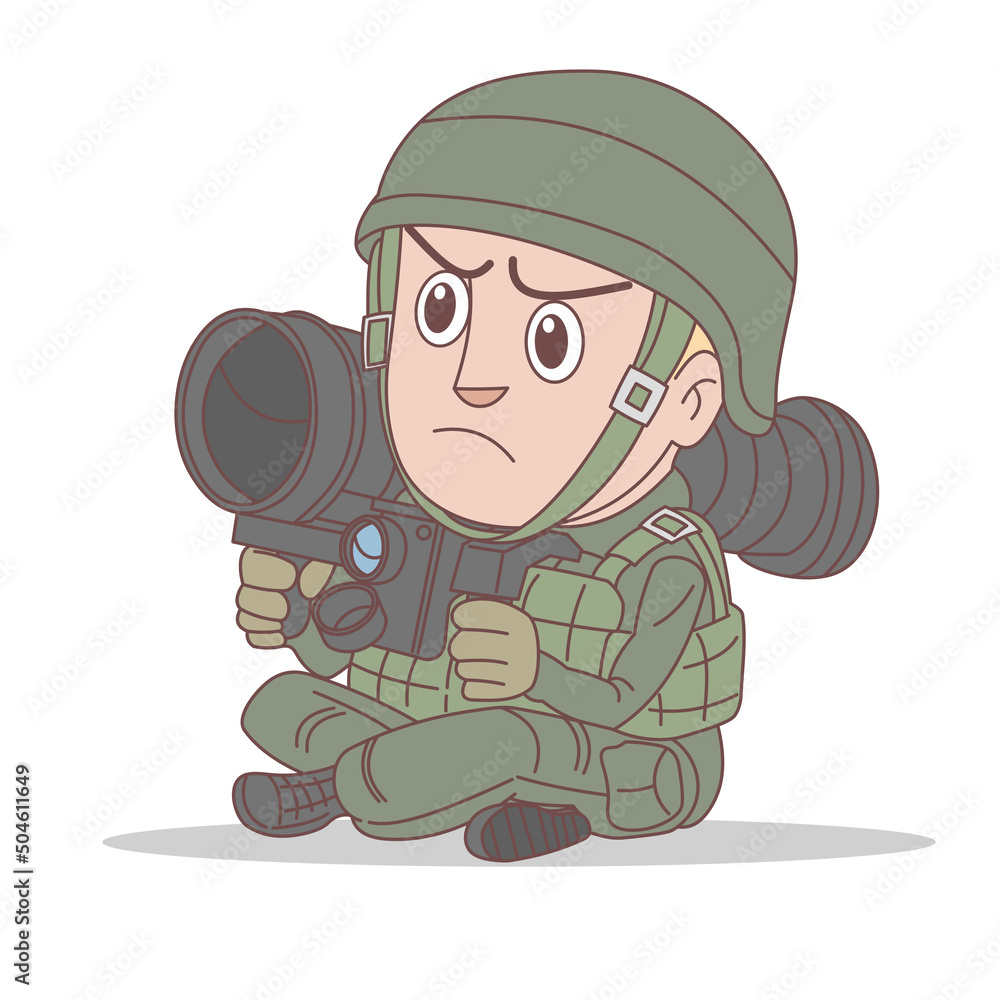 Serious expression cartoon soldier going into battle with artillery ...