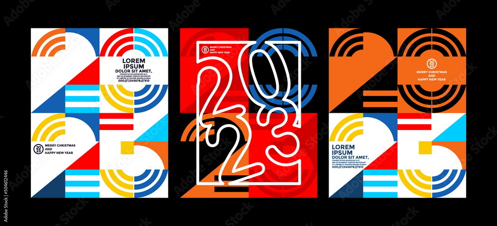 2023 Colorful set of Happy New Year posters. Abstract design with ...