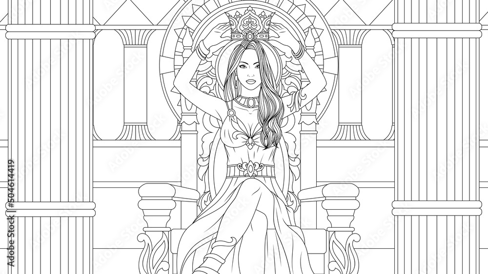 Vector illustration, a beautiful girl queen in the palace sits on a ...