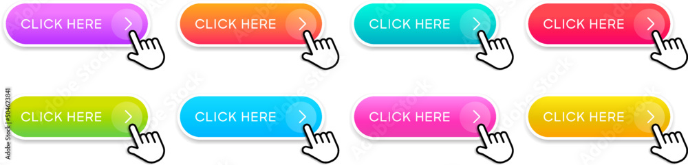 Click here web buttons with hand cursor. Set of action button click here with arrow pointer ...