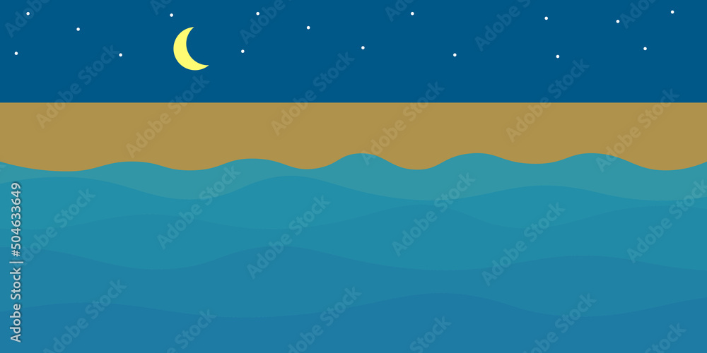 Night landscape with sea shore, moon and stars. Vector image in a flat ...