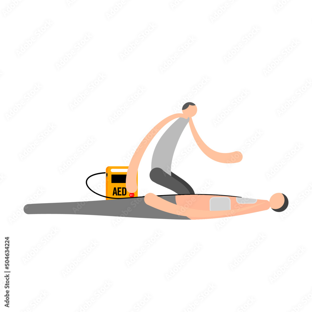 Cartoon character for basic life support, CPR with AED by one provider ...