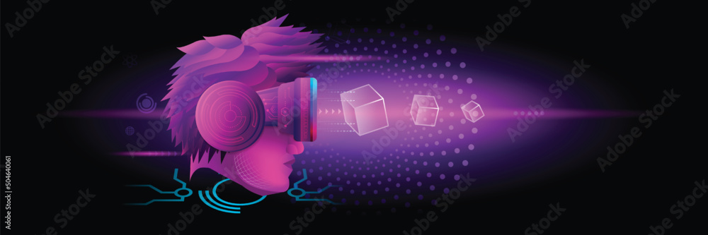 Banner of Metaverse Technology concept. A man head facing to use VR ...