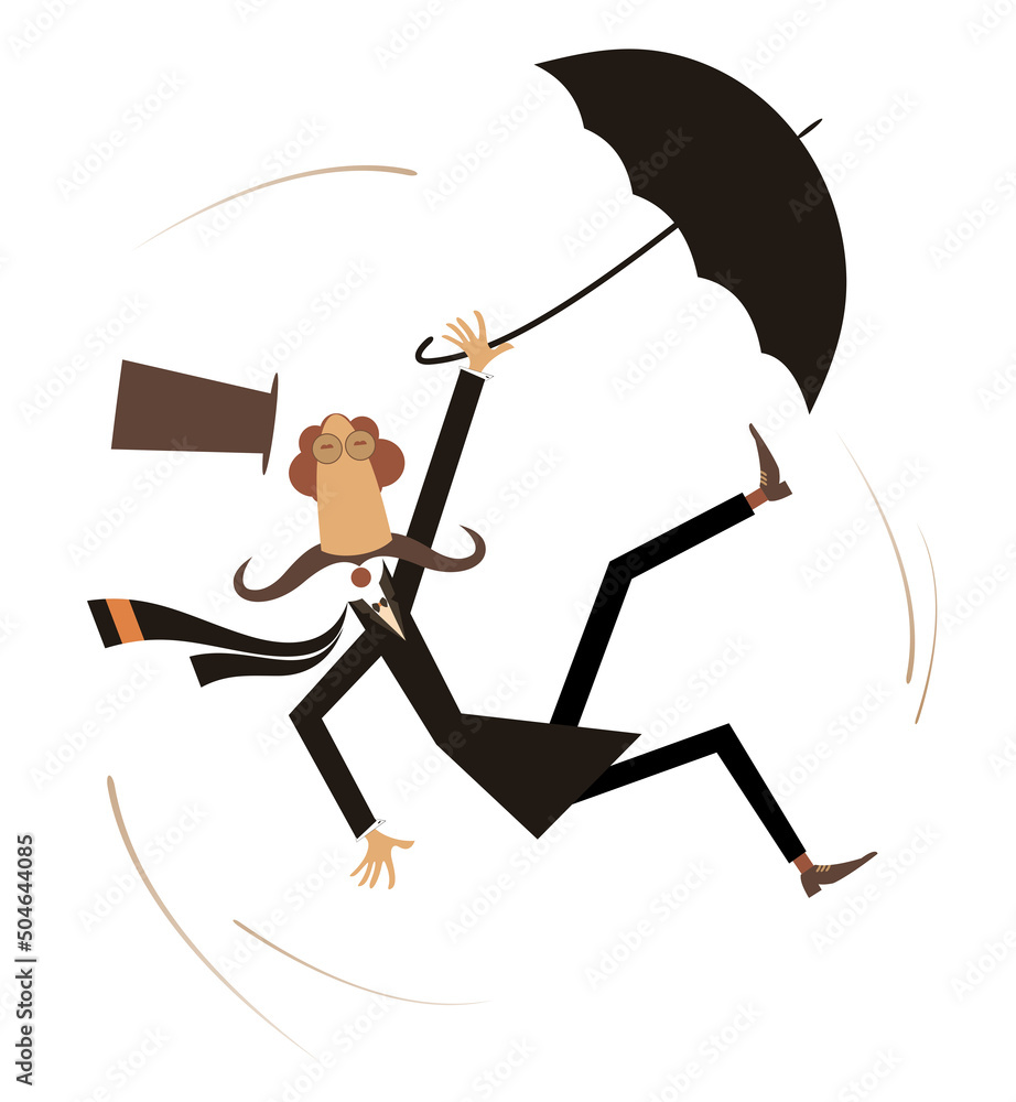 Cartoon man, umbrella and windy day. Funny long mustache man in the top ...