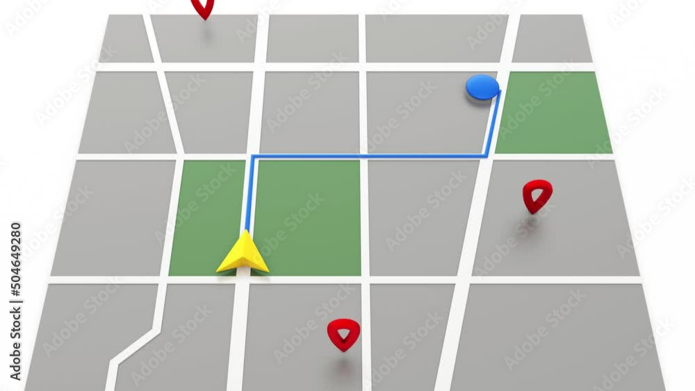 GPS map navigator. Tracking concept. Moving yellow arrow and markers on ...