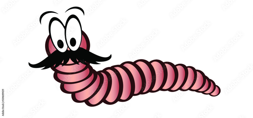 Cartoon happy worm with moustache or beard. crawling worm. Vector crawl ...