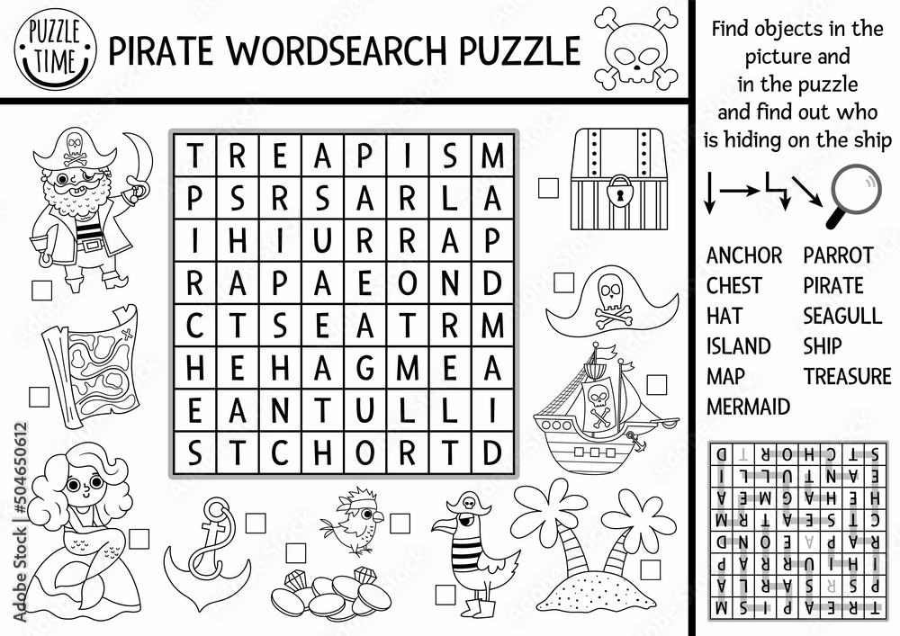 Black and white vector pirate word search puzzle for kids. Simple line ...