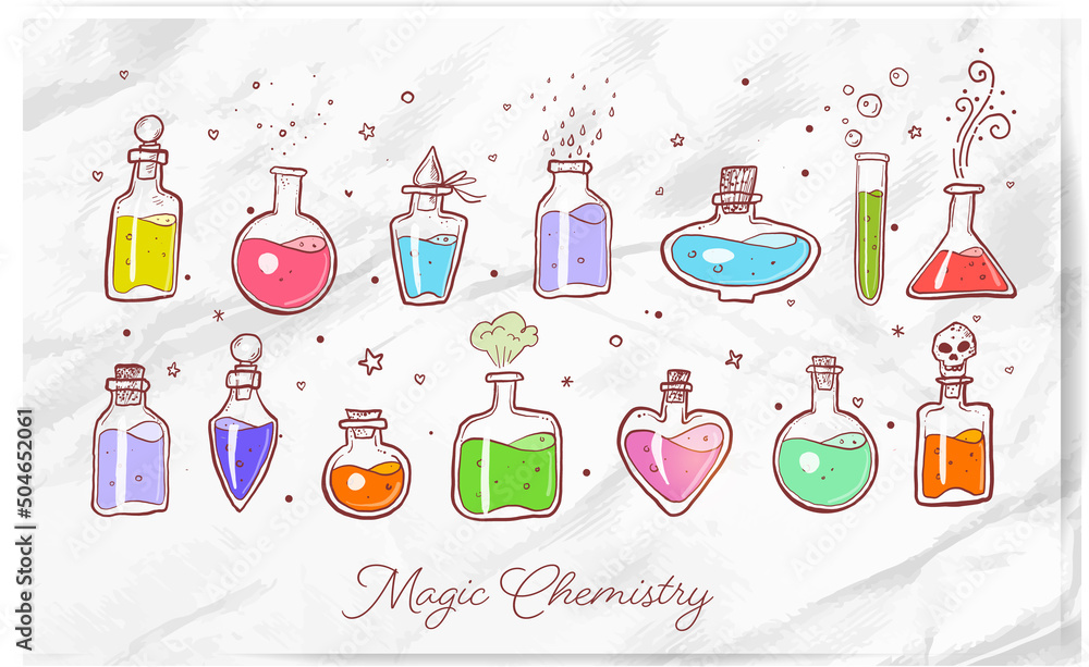 Doodles with pharmaceutical flasks, beakers and test tubes on white ...