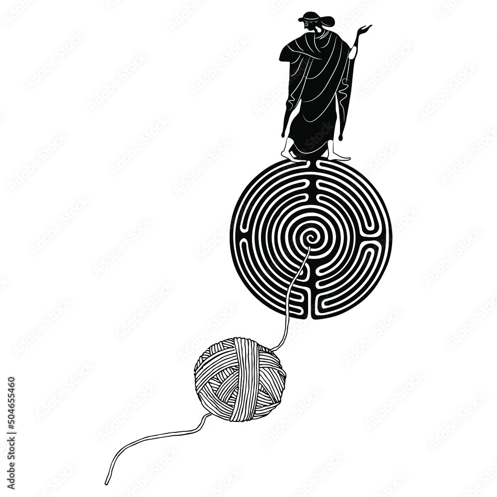 Ancient Greek woman standing on top of a round spiral maze or labyrinth ...