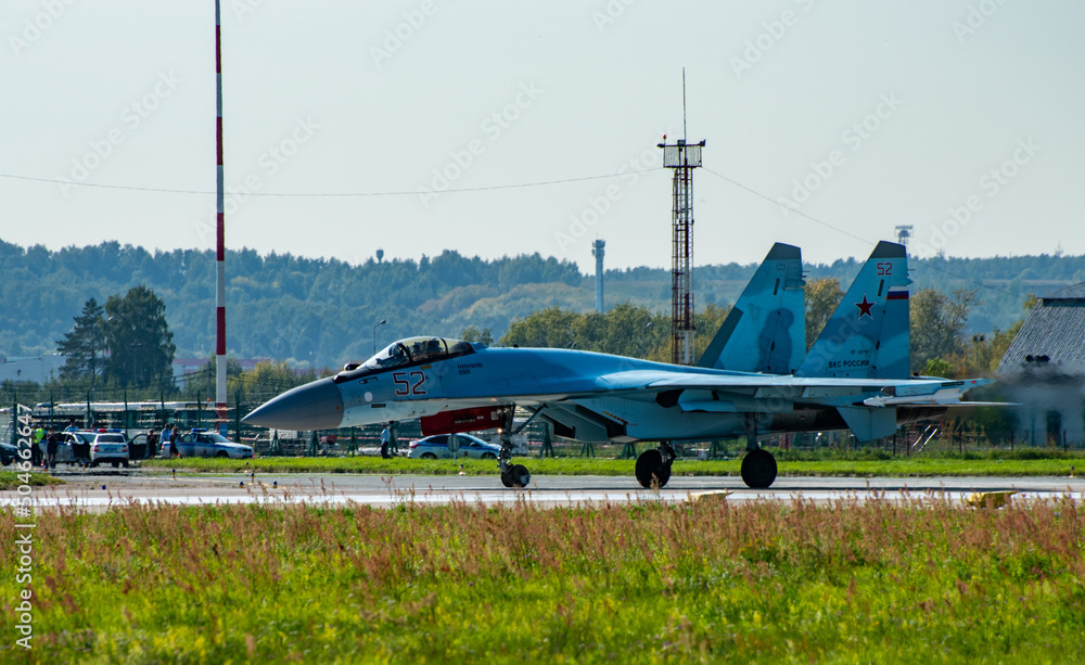 August 30, 2019, Zhukovsky, Russia. Russian multi-role fighter Sukhoi Su-35 on the runway of the ...