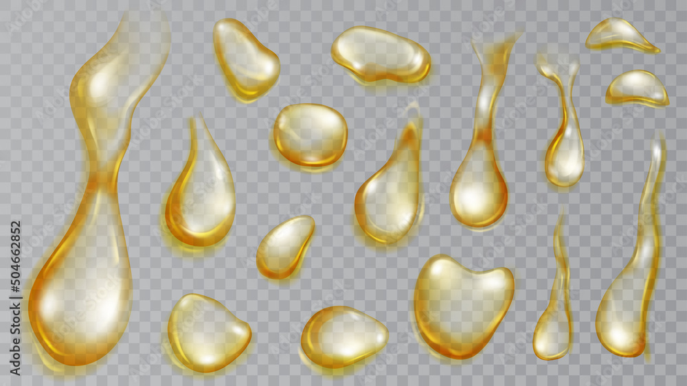 Set of realistic translucent water drops in yellow colors in various ...