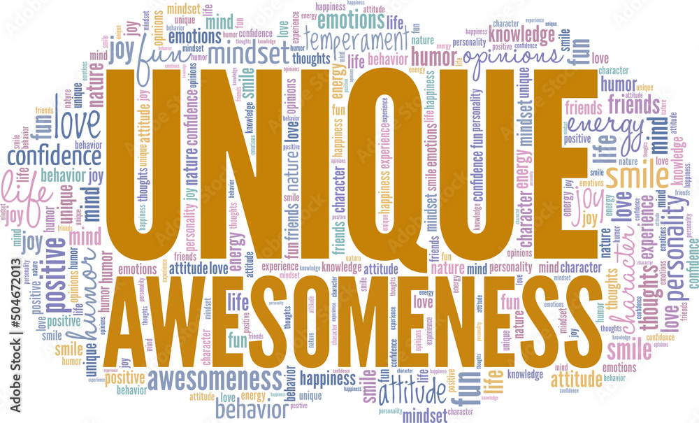 Unique Awesomeness word cloud conceptual design isolated on white ...