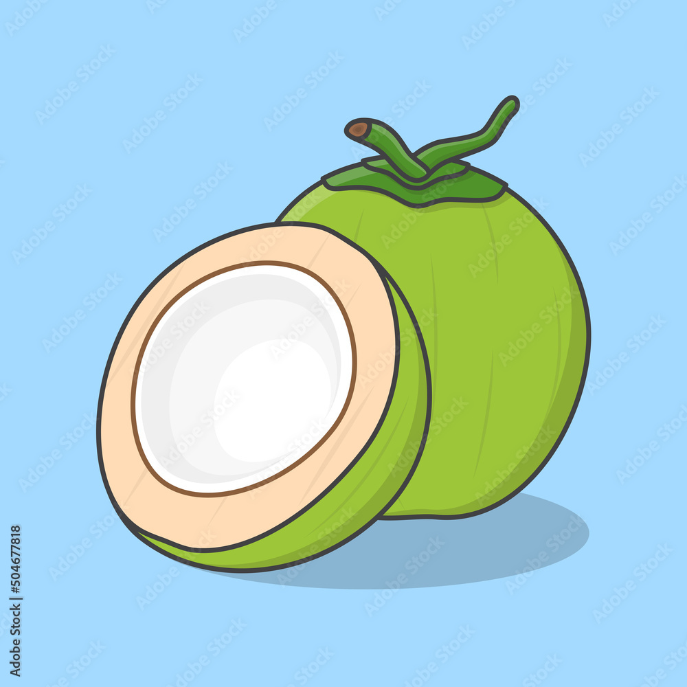 Whole And Half Of Green Coconut Cartoon Vector Illustration. Fresh ...