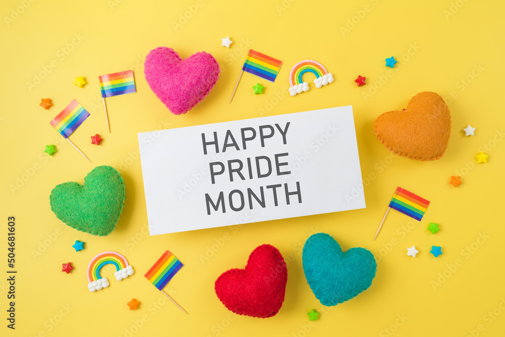 LGBTQ pride month greeting card mock up with rainbow flags and heart ...