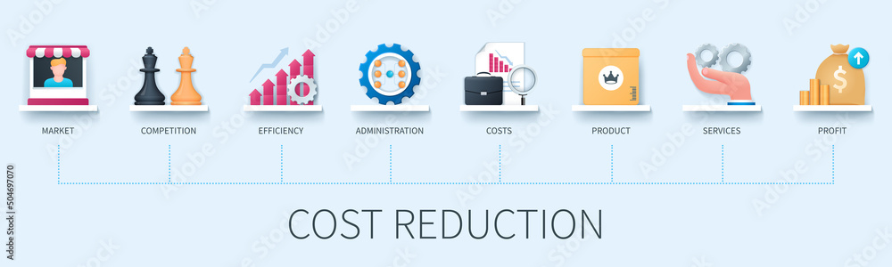 Cost reduction banner with icons. Market, competition, efficiency ...