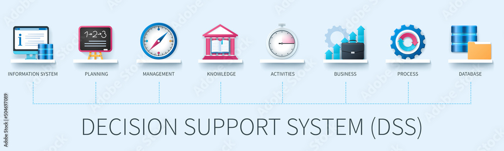 Decision support system (DSS) banner with icons. Information system ...