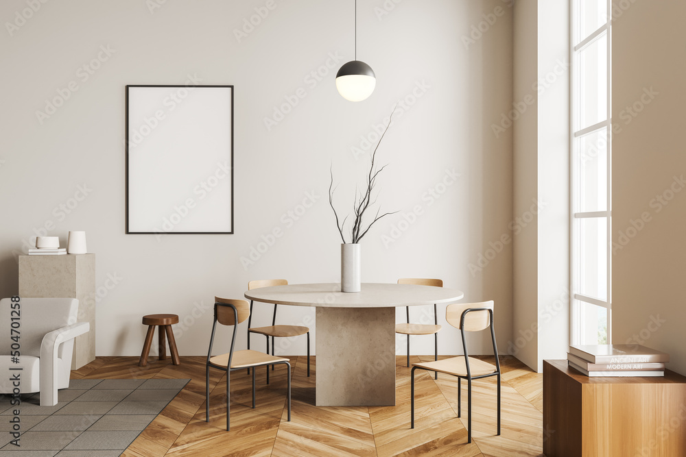 Light eating room interior with table and seats, stand and mockup frame ...