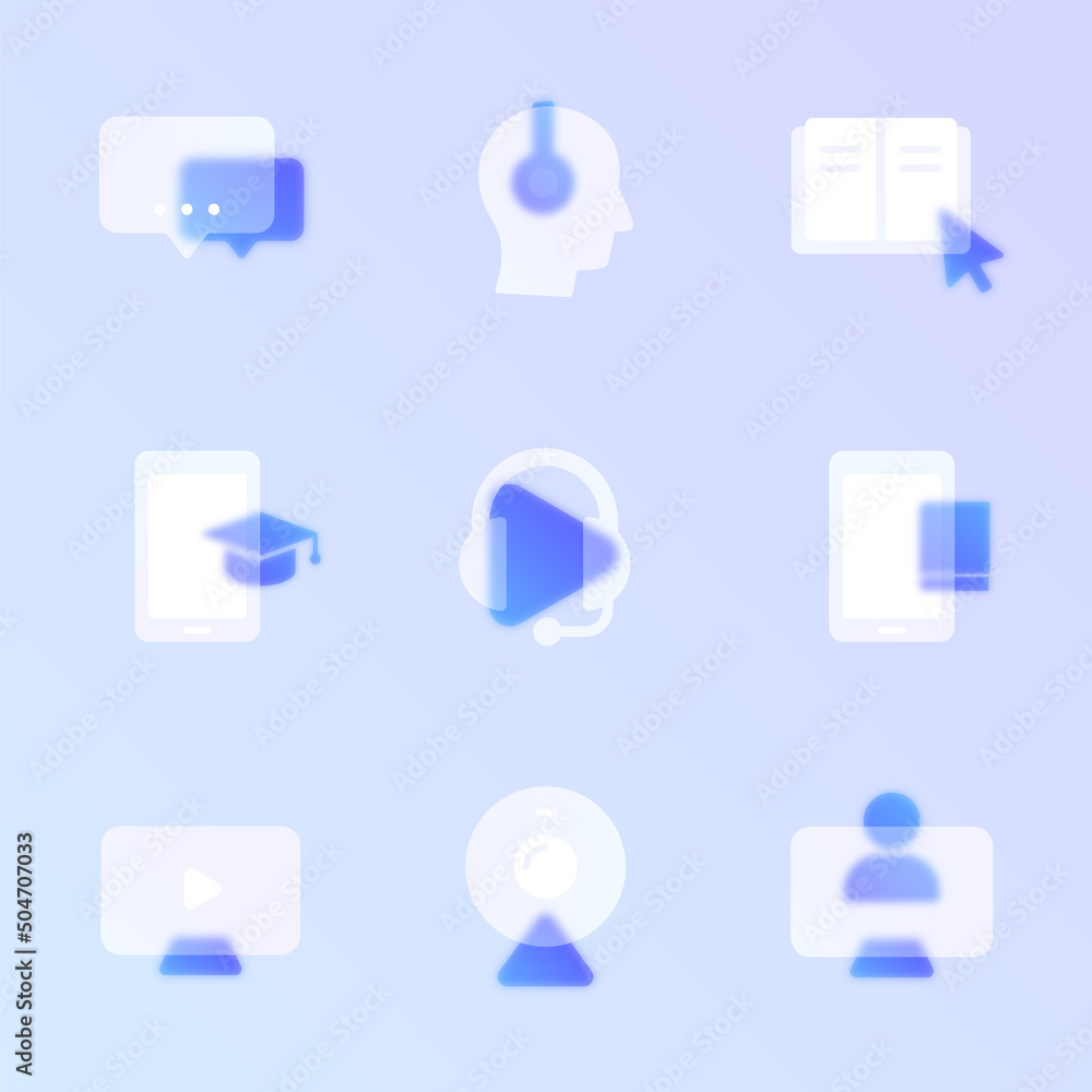 e learning glass morphism trendy style icon set. e learning transparent ...