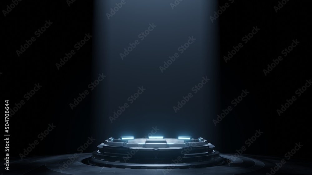 3D Rendering of sci fi mech circle shape pedestal with glowing led ...
