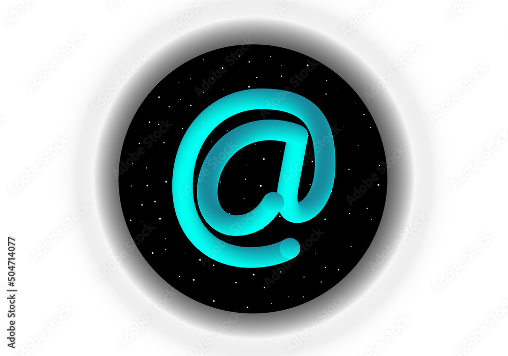 Símbolo en 3d de la arroba en azul neón brillante visto desde una ...