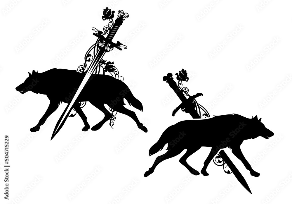running wolf silhouette and knight sword with rose flowers - fantasy ...