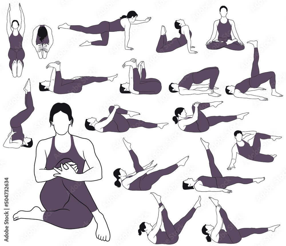 Collection of vector contours of woman in costume doing yoga and ...