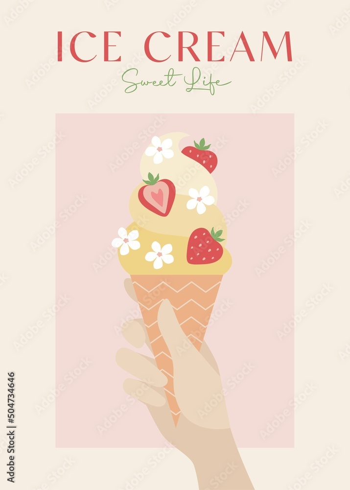 Ice cream. Hand holding ice cream. Colorfull art. Retro posters with ...