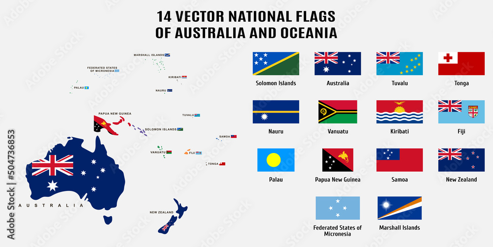 Poster 14 Vector national flags and map of Australia and Oceania ...