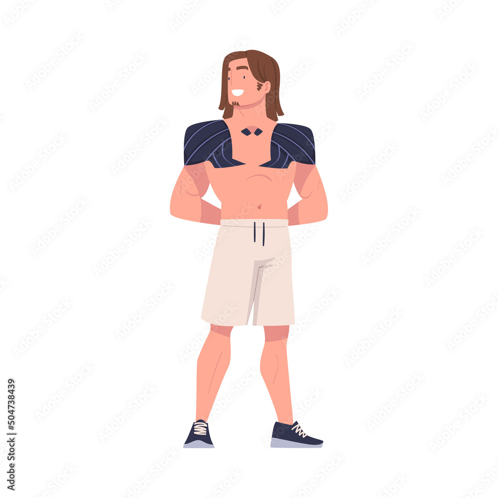 Happy Man Character With Replaced Robotic Shoulders As Body Part Prosthesis Restoring Normal