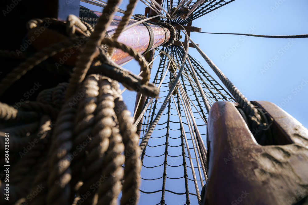 Mast and rigging of old wooden VOC sailing ship with ropes, rope ...
