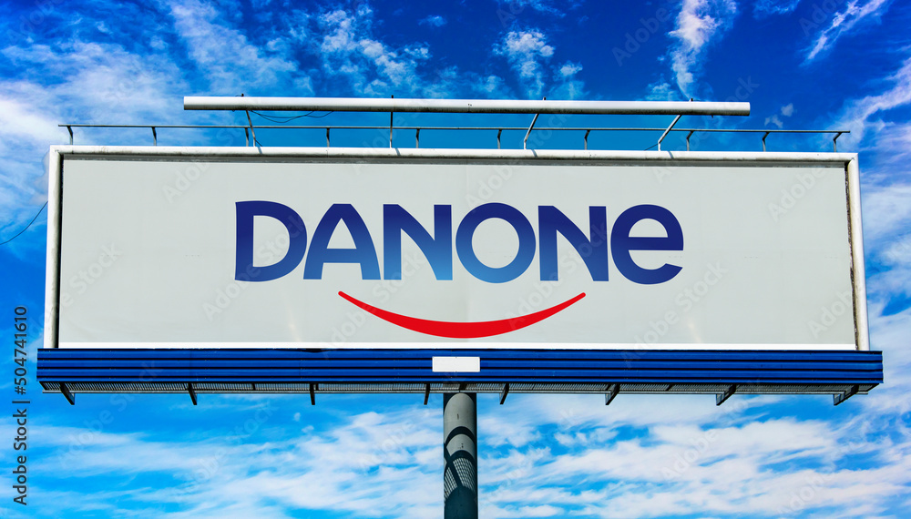 Advertisement billboard displaying logo of Danone Stock Photo | Adobe Stock