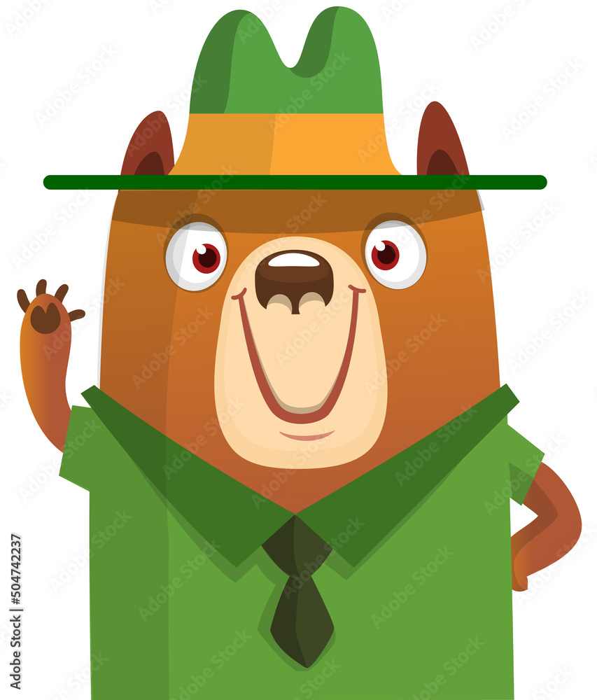 Cartoon funny bear scout ranger wearing green hat. Vector illustration ...