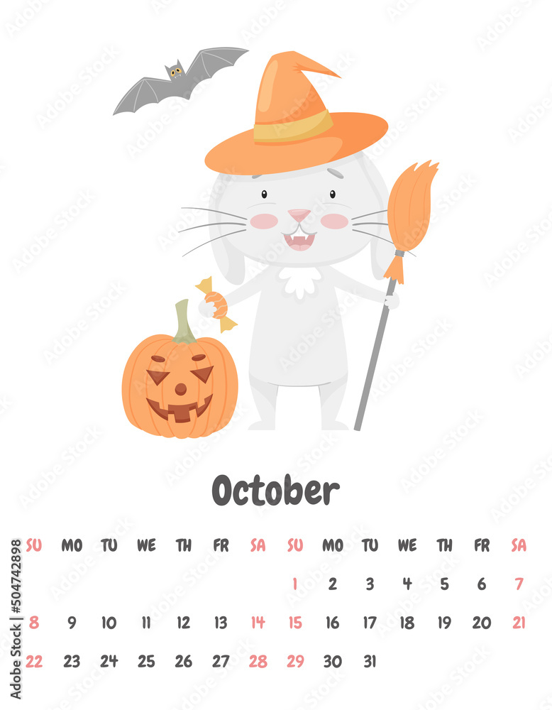 Calendar page for October 2023 with a cute smiling rabbit in a hat ...