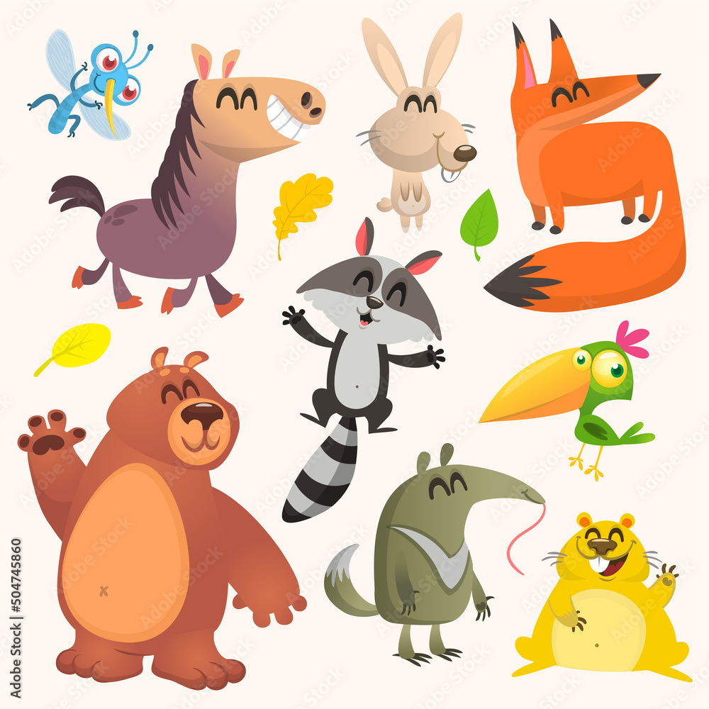 Set of funny animals isolated on white background. Cartoon fox ant ...