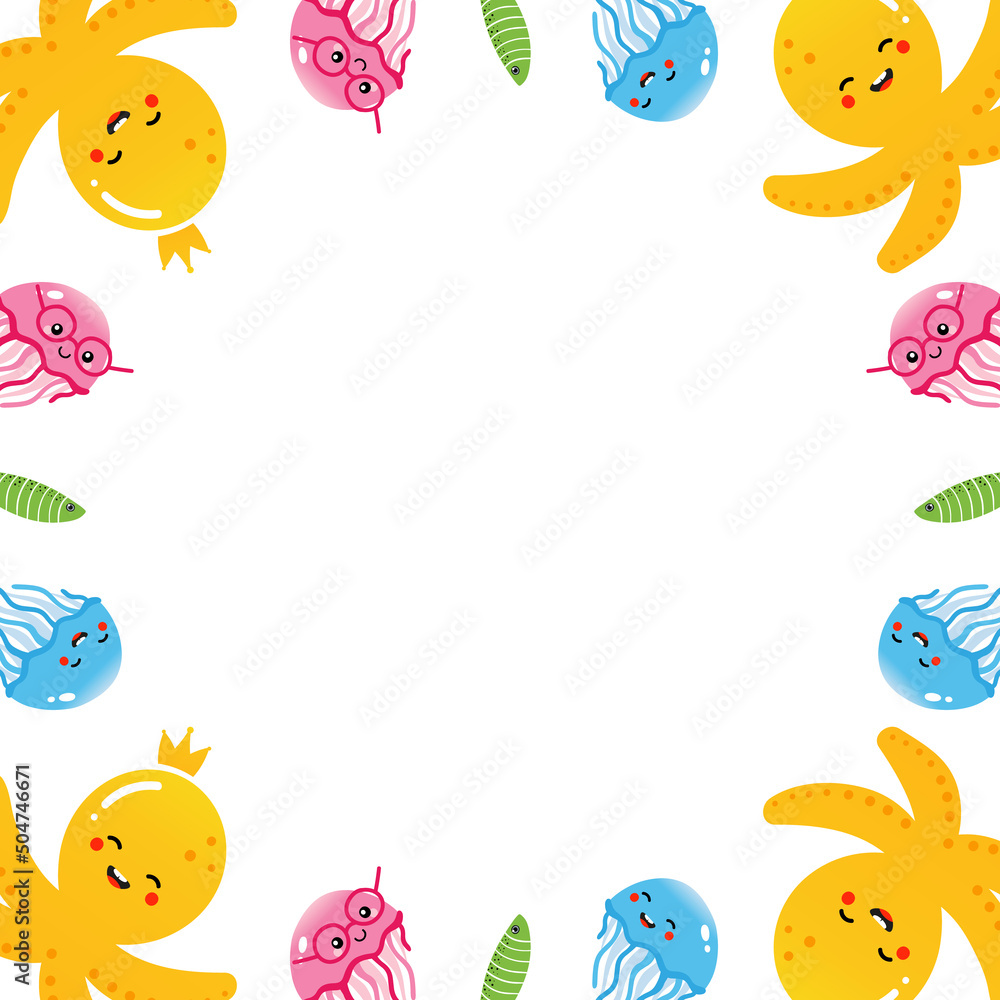 Cute cartoon style octopus, jellyfish and fish vector square frame ...