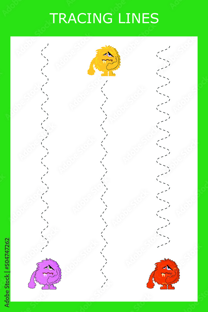 Trace line worksheet with monsters for kids, practicing fine motor ...