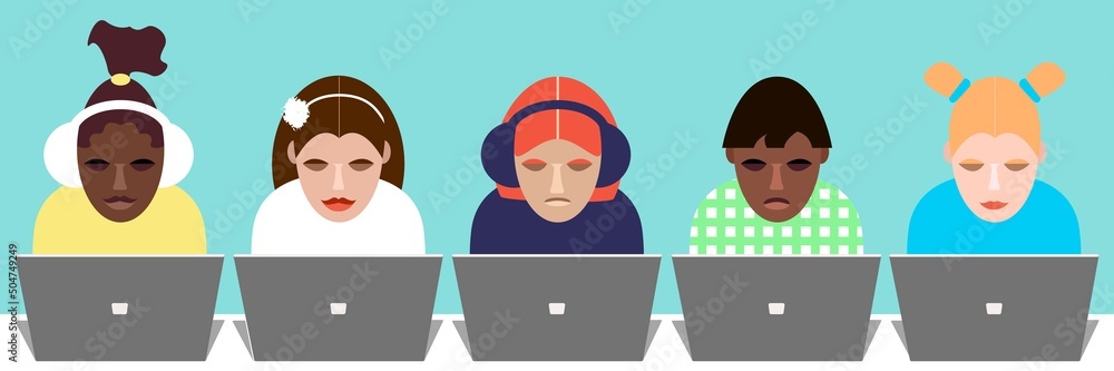 Raster graphics - five young people sitting in front of computers in a ...