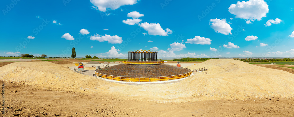 Construction site. Foundations of wind turbines with concrete and steel ...