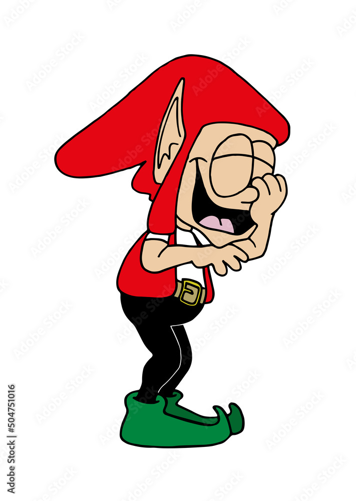 Cute elf character standing and laughing. Cartoon hand drawn style ...