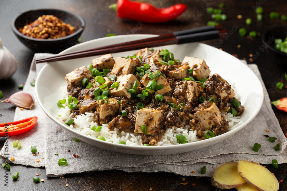 Vegan Mapo tofu with mushroom and rice. Asian, Chinese food Stock Photo ...