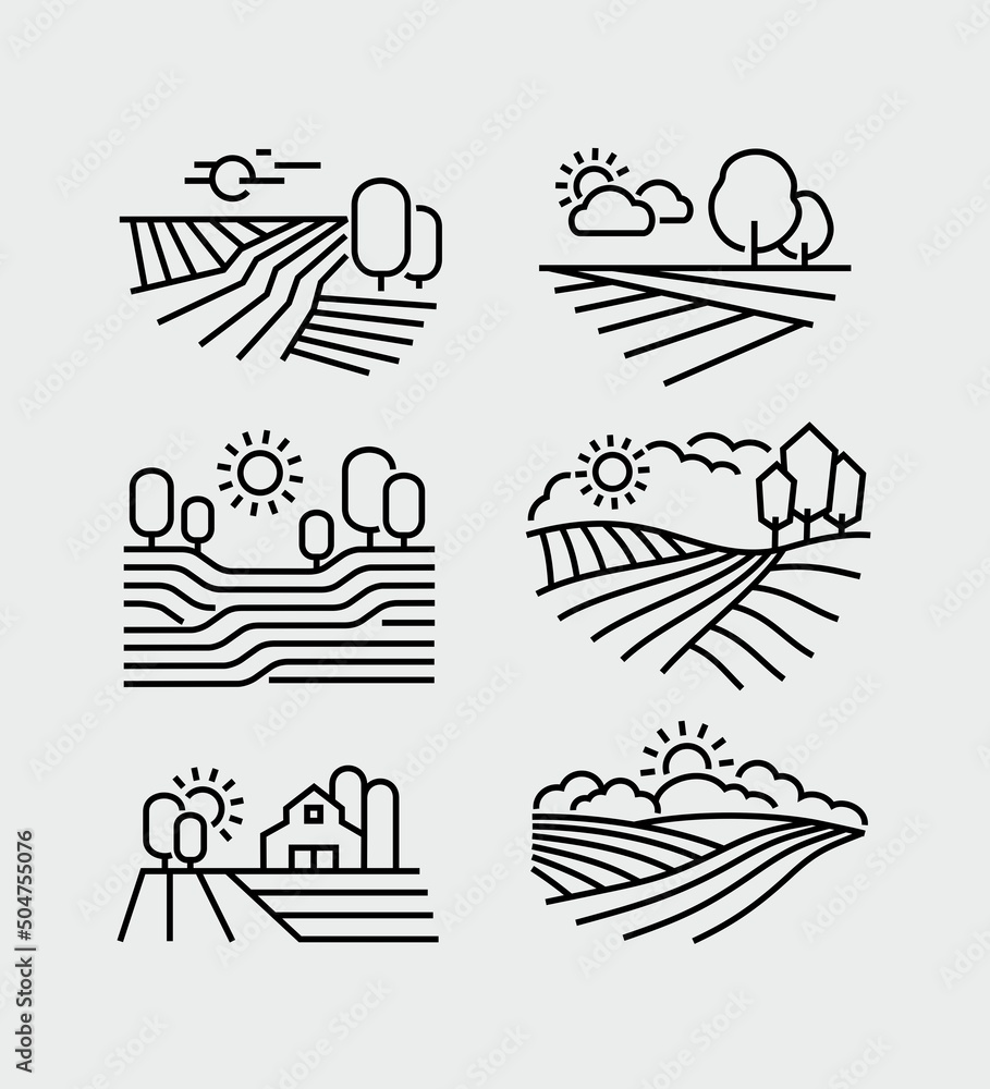 Farm Crop Fields Landscape Vector Line Icons Stock Vector | Adobe Stock