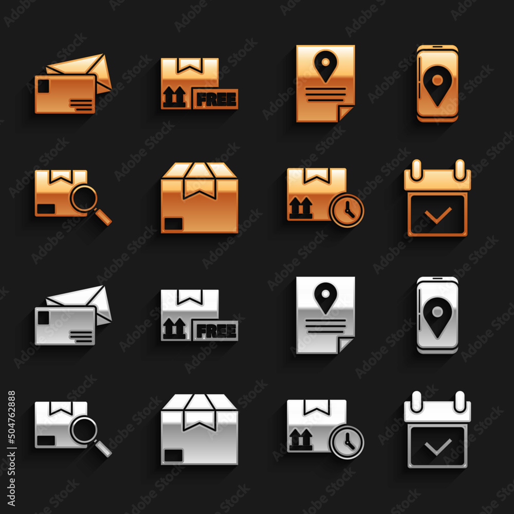 Set Carton cardboard box, Mobile with app delivery tracking, Calendar check mark, Cardboard and ...