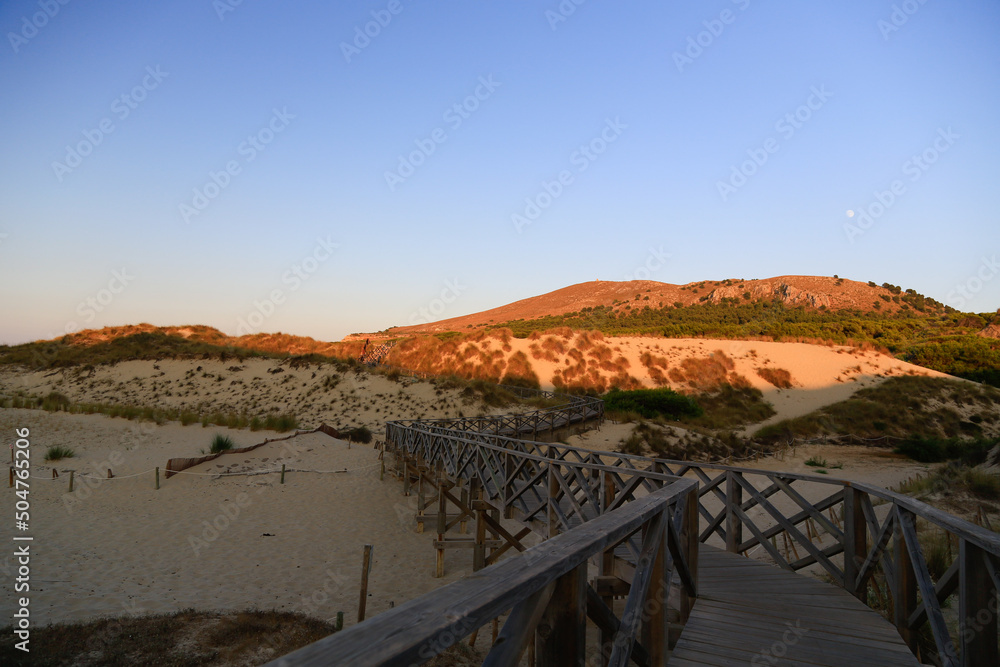 A boardwalk leading through the beautiful dunes landscape at Cala ...